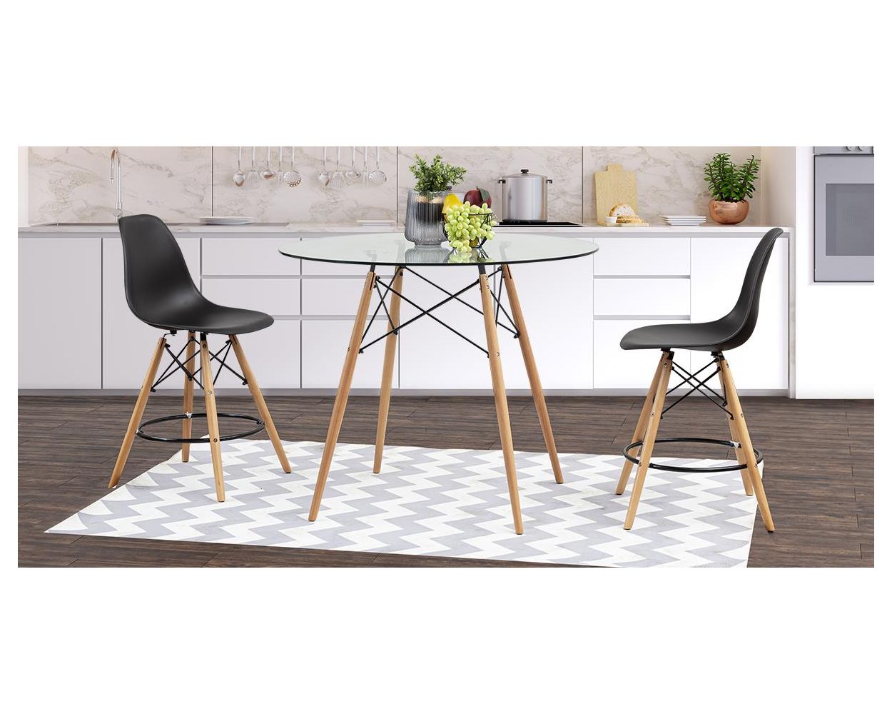 Comedor Bar Redondo Atlas Con Bancos Negros 3 Piezas